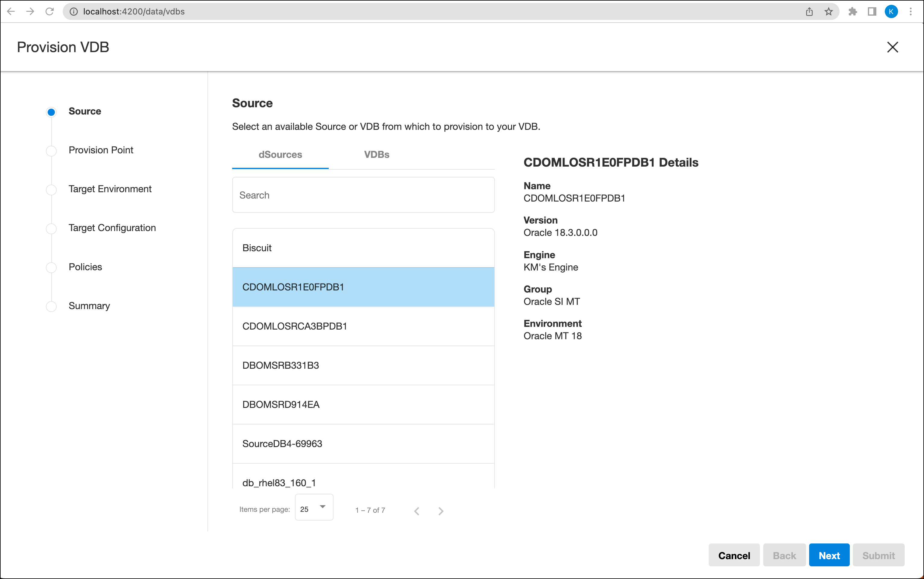VDB provisioning wizard
