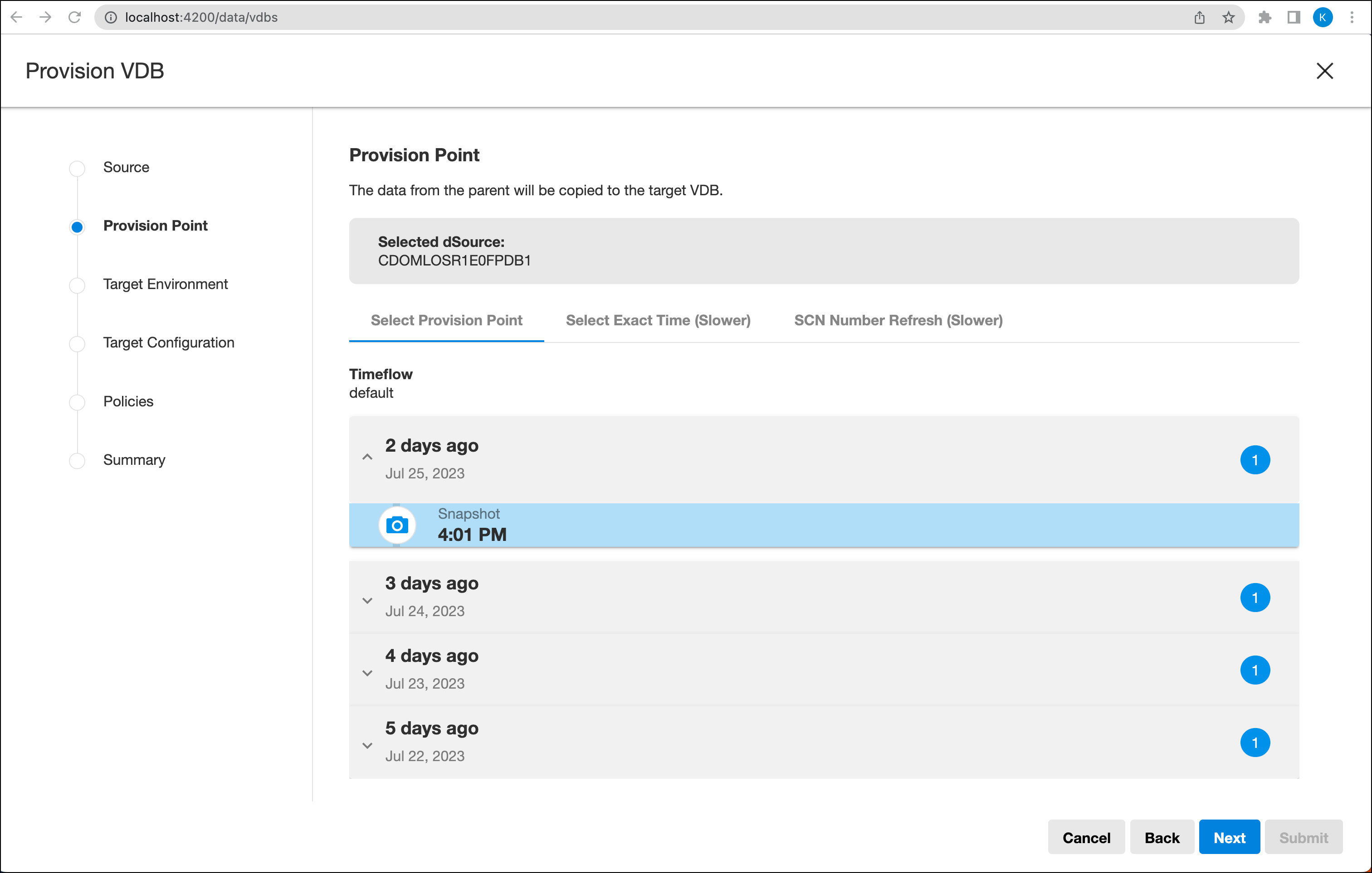 VDB provisioning wizard